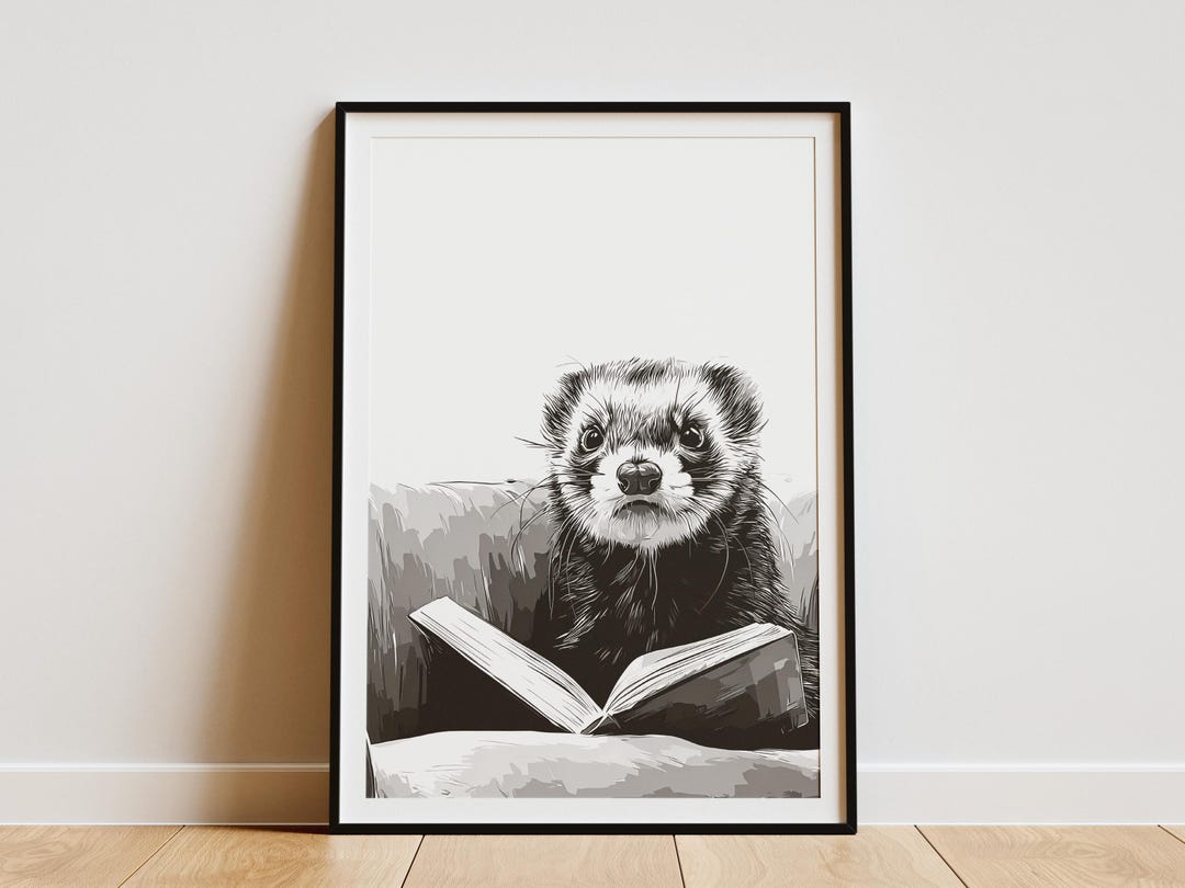 Cute Ferret Reading Book Art Print for Animal Lovers Black and White ...