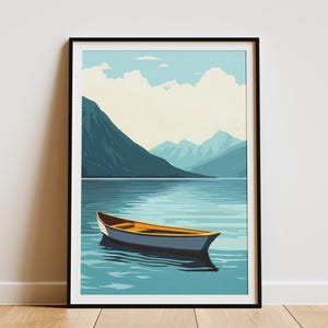 Lake Serenity Boat Poster Mountain Lake Landscape Art Print Calm Water ...