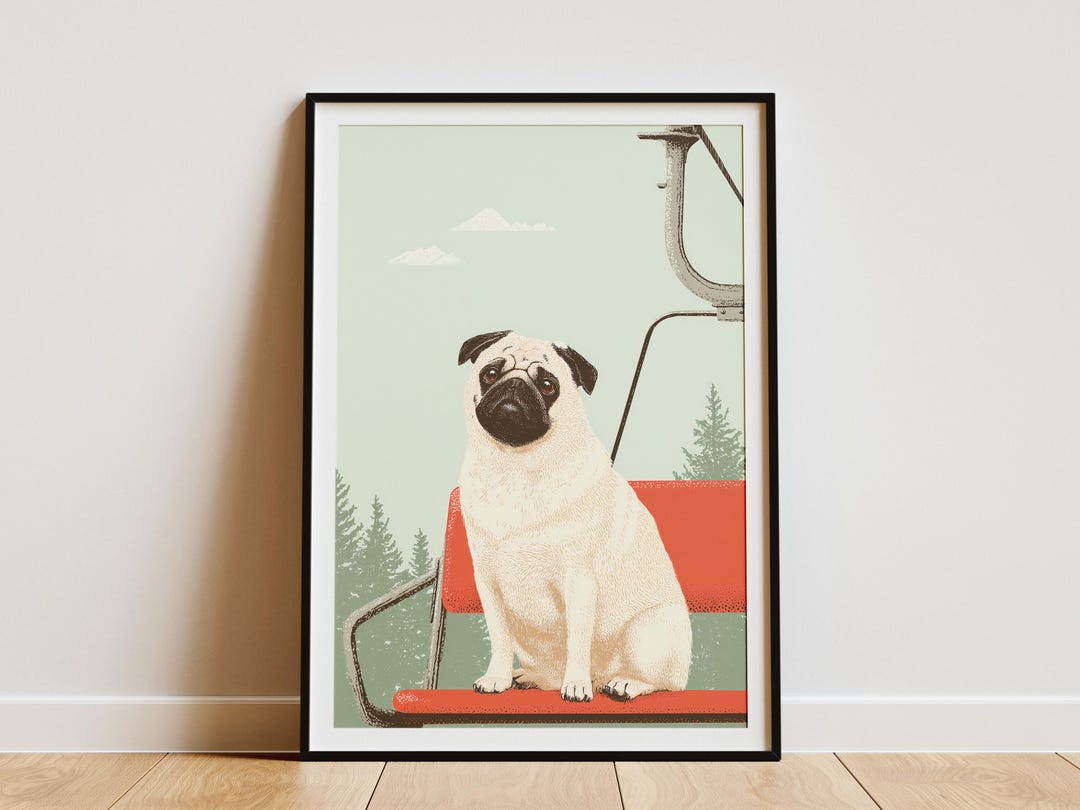 Pug Dog Ski Lift Art Print Winter Christmas Holiday Wall Decor Retro ...