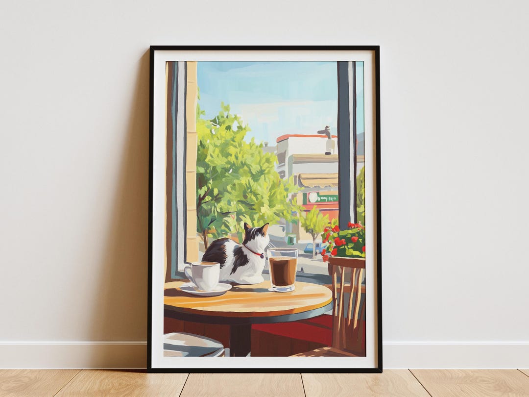 Cat Cafe Art Print Cozy Coffee Shop Poster Feline Lover Gift Black and ...