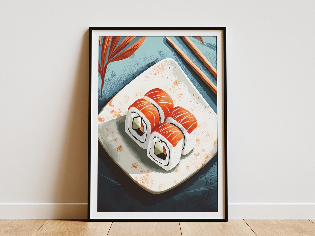 Sushi Roll Poster Japanese Food Print Minimalist Flatlay Illustration ...