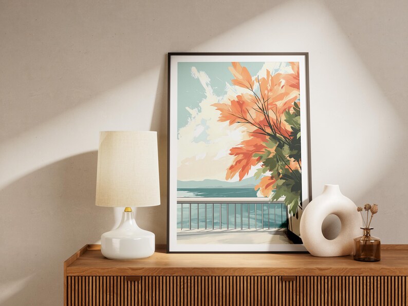Ocean View Poster Coastal Art Print Orange Leaves Modern Minimalist ...