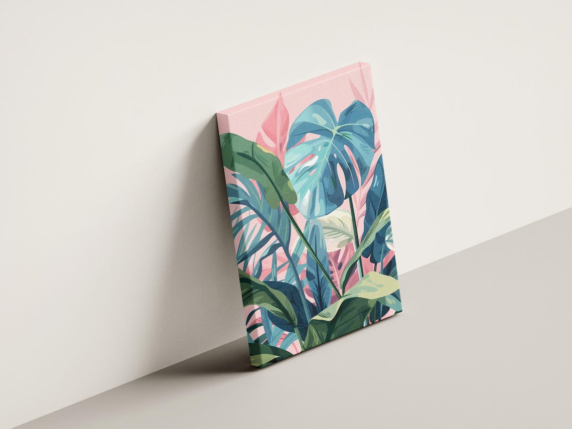Tropical Leaves Poster Minimalist Boho Wall Art Green and Pink Plant ...