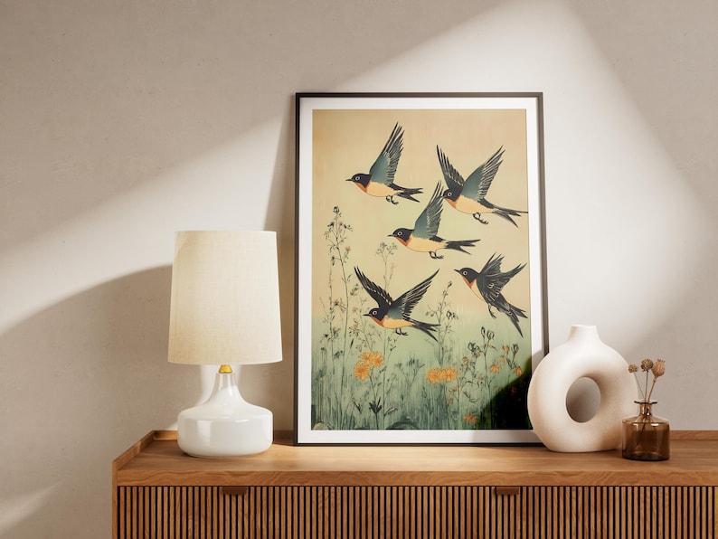 Swallows Meadow Birds Poster Print Vintage Nature Art Home Decor Bird ...