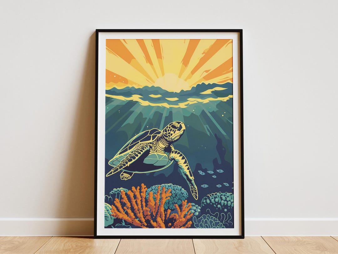 Sea Turtle Coral Reef Poster Ocean Art Print Underwater Sunset Tropical ...