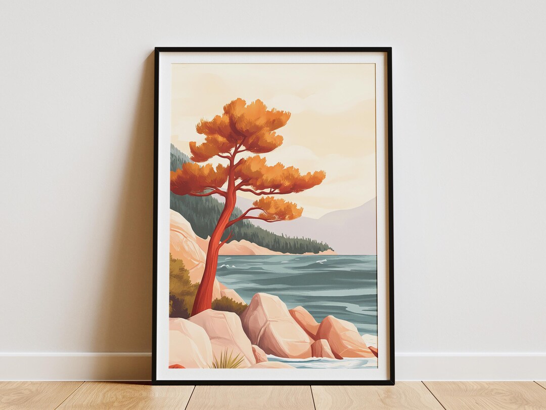Rocky Shoreline Pine Tree Poster Print Nature Wall Art Coastal Landscape Modern Home Decor Ocean ...