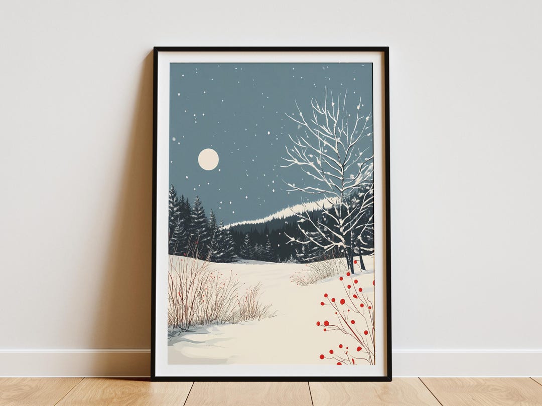 Snowy Winter Night Forest Poster Frosty Meadow Art Print Winter ...