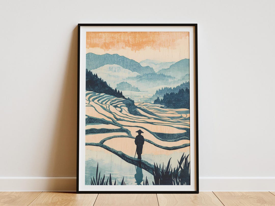 Rice Paddy Farmer Dawn Asian Landscape Poster Print Japanese Rice ...