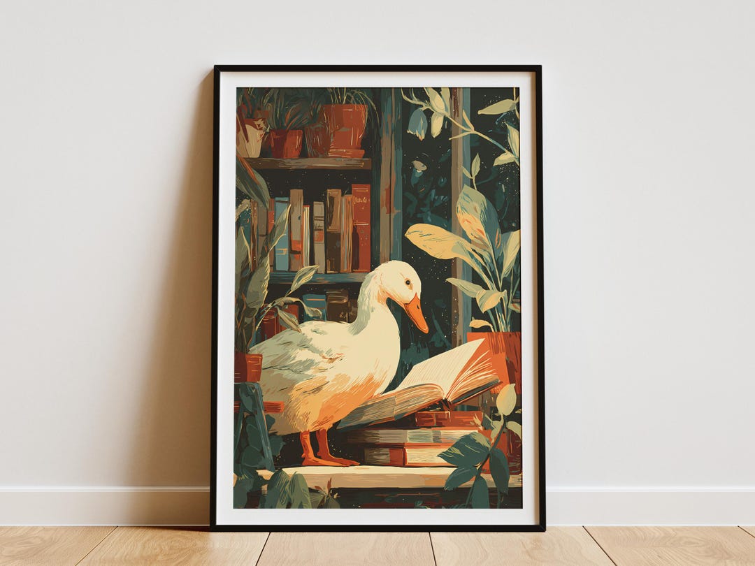 Whimsical Duck Reading Book Art Print Cozy Night Study Room Decor ...