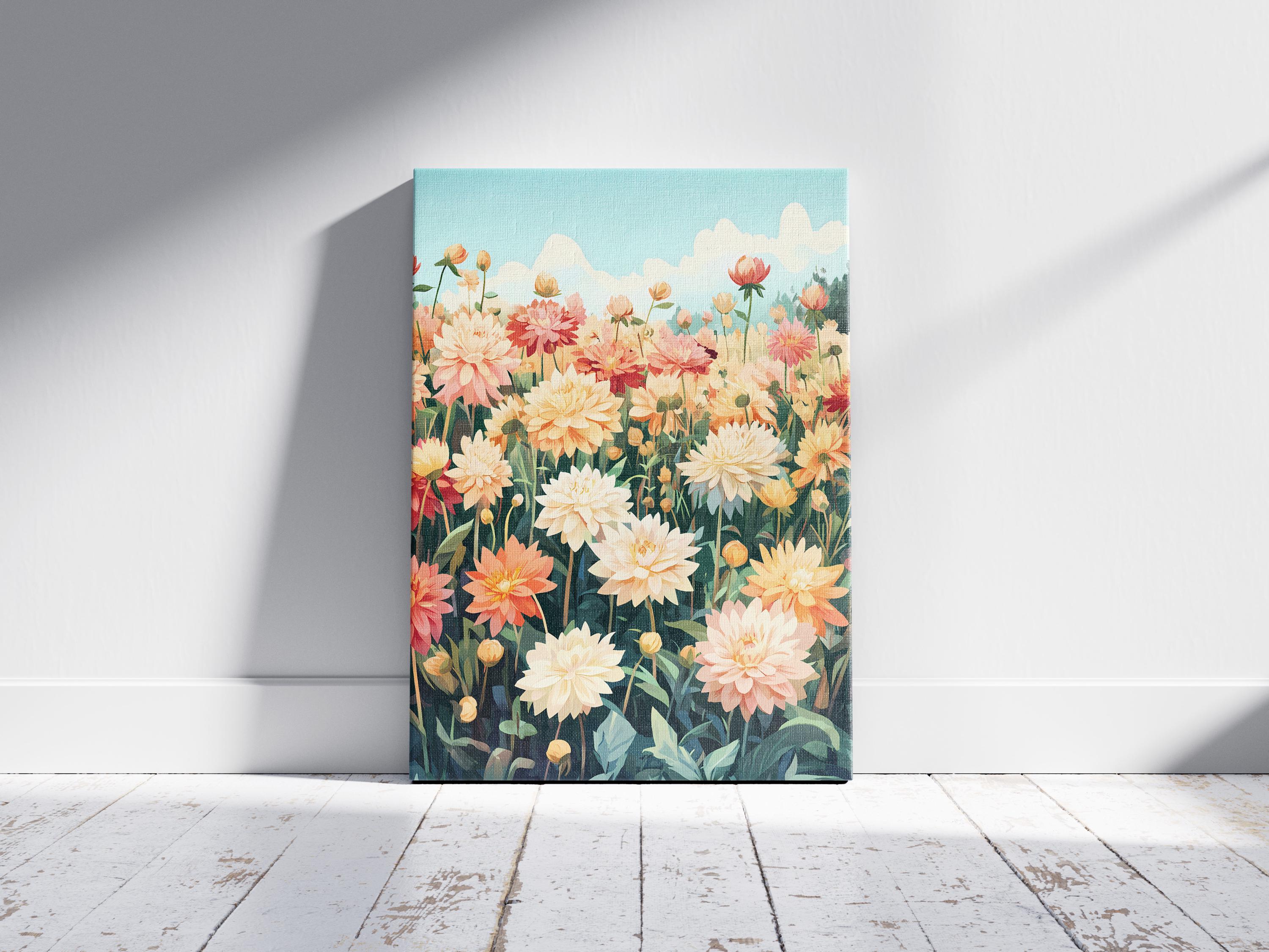 Dahlia Flower Field Poster Botanical Art Print Summer Floral Wall Decor ...