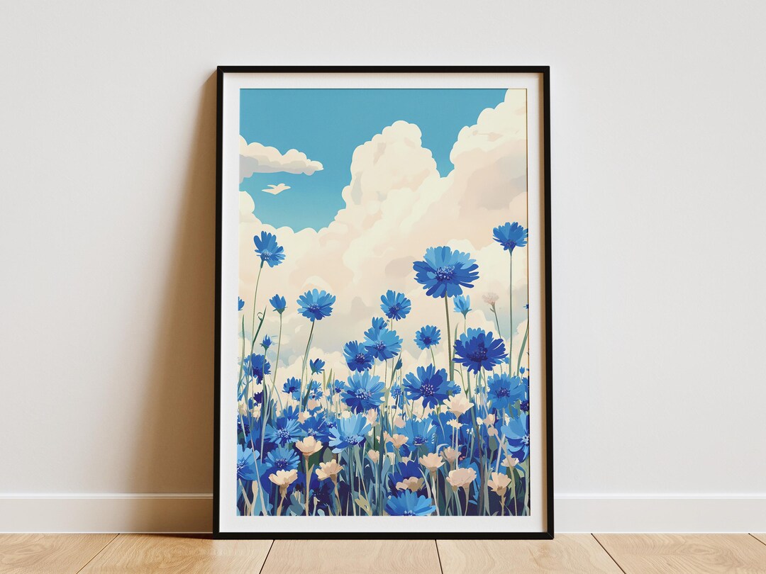 Blue Cornflower Field Posterfloral Meadow Botanical Printsummer Flower ...