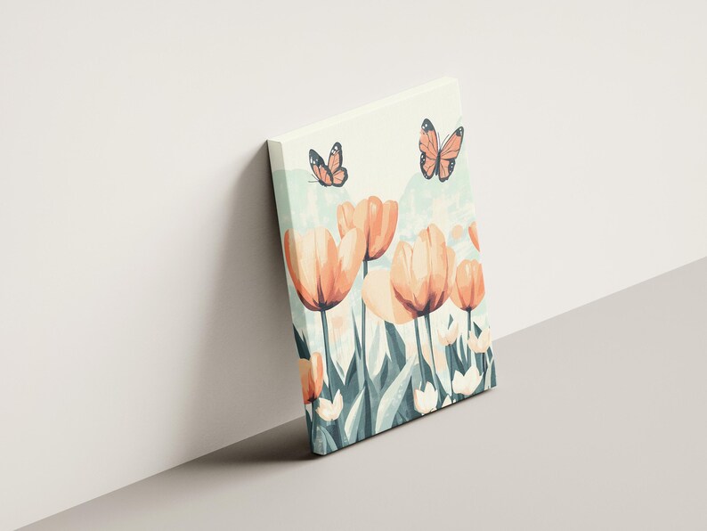 Orange Tulip Garden Poster Botanical Print Butterfly Meadow Wall Art ...