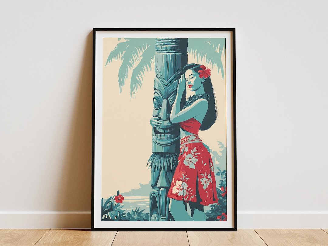 Hula Dancer and Tiki Totem Poster Vintage Hawaiian Travel Art Print ...