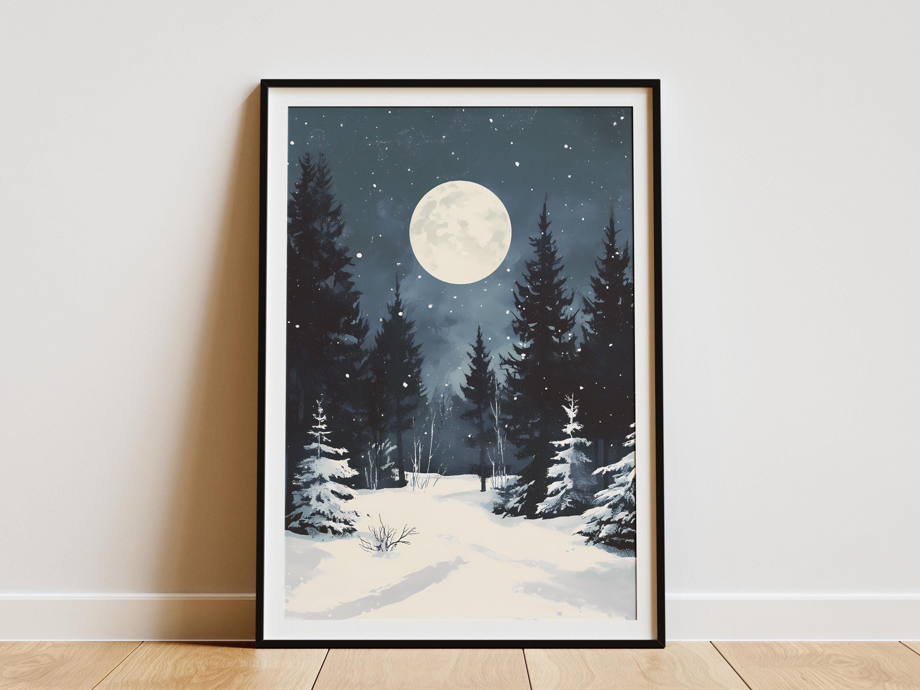 Winter Forest Moon Night Snow Landscape Poster Print Nature Art Snowy ...