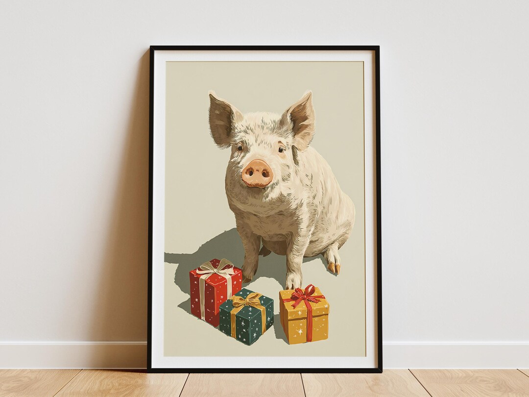 Festive Pig Christmas Gift Boxes Wall Art Print Winter Holiday Animal ...