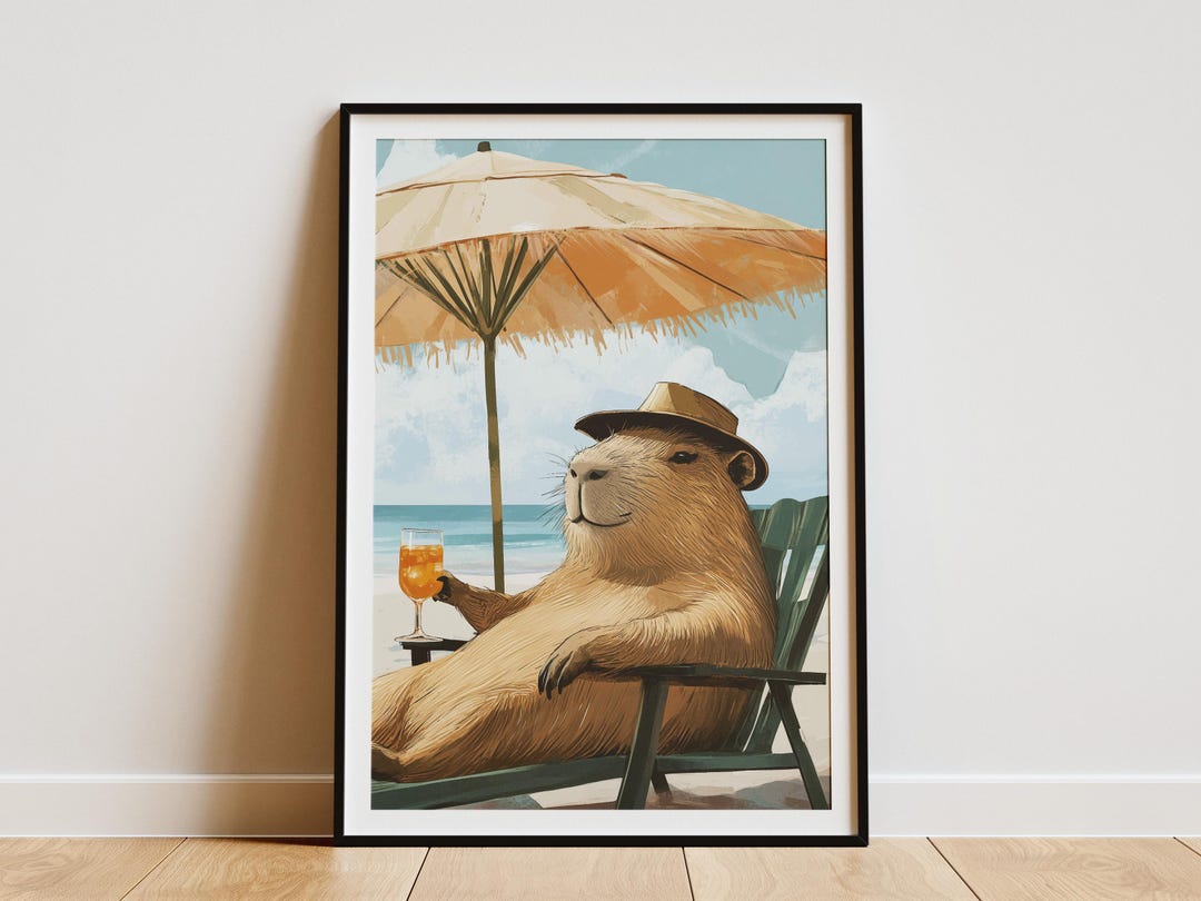 Capybara Beach Poster Summer Animal Print Cute Capybara Art Funny ...
