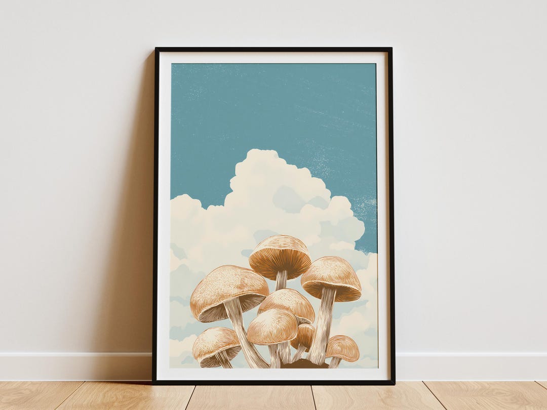 Vintage Style Mushroom Art Print With Cloudy Sky Botanical Forest Fungi ...