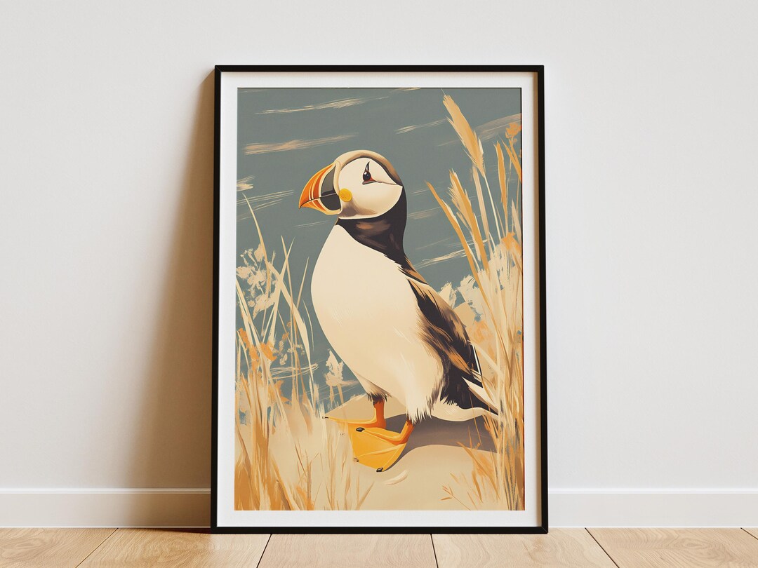 Puffin Bird Poster Coastal Decor Seabird Art Print Sandy Beach ...