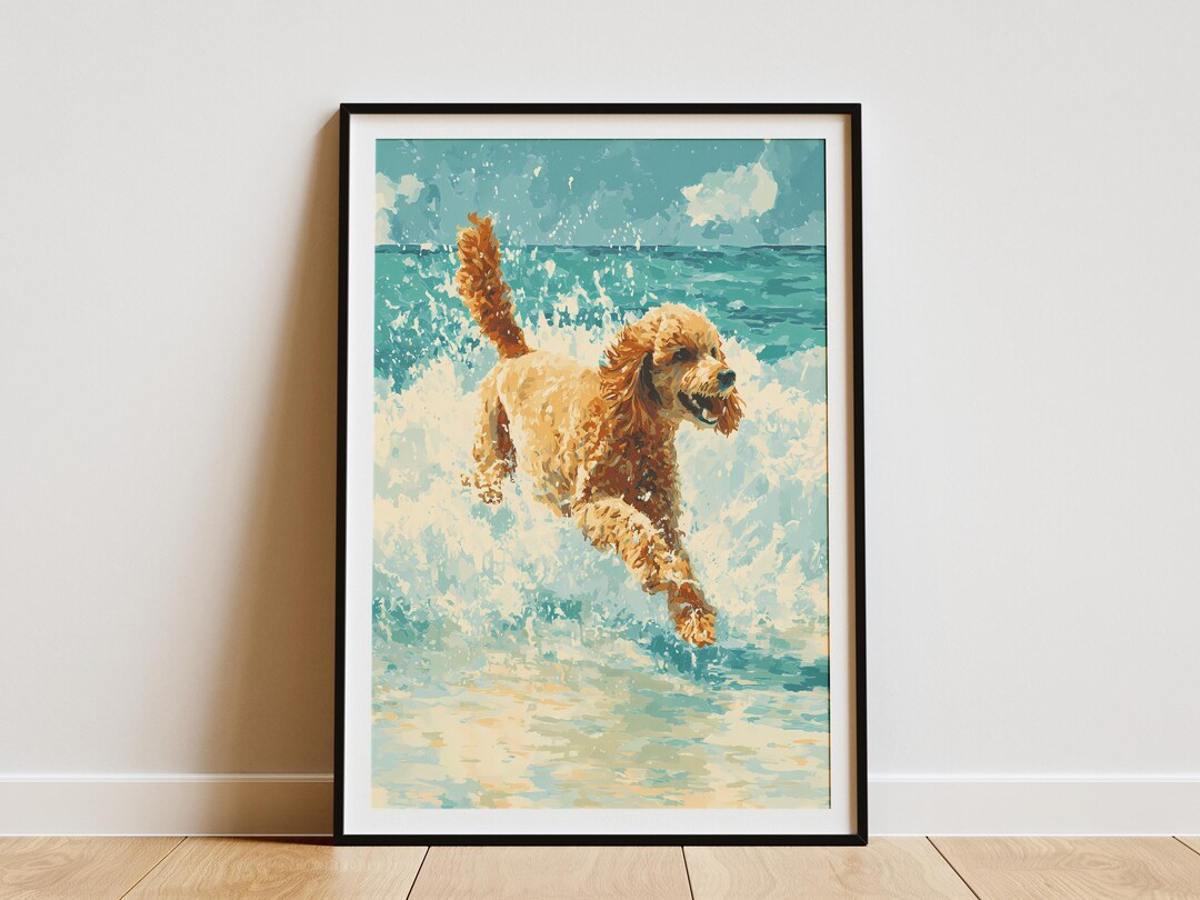 Joyful Poodle Dog Splashing in Ocean Waves Beach Wall Art Print Vibrant ...