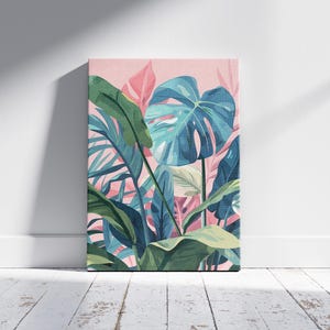 Tropical Leaves Poster Minimalist Boho Wall Art Green and Pink Plant ...