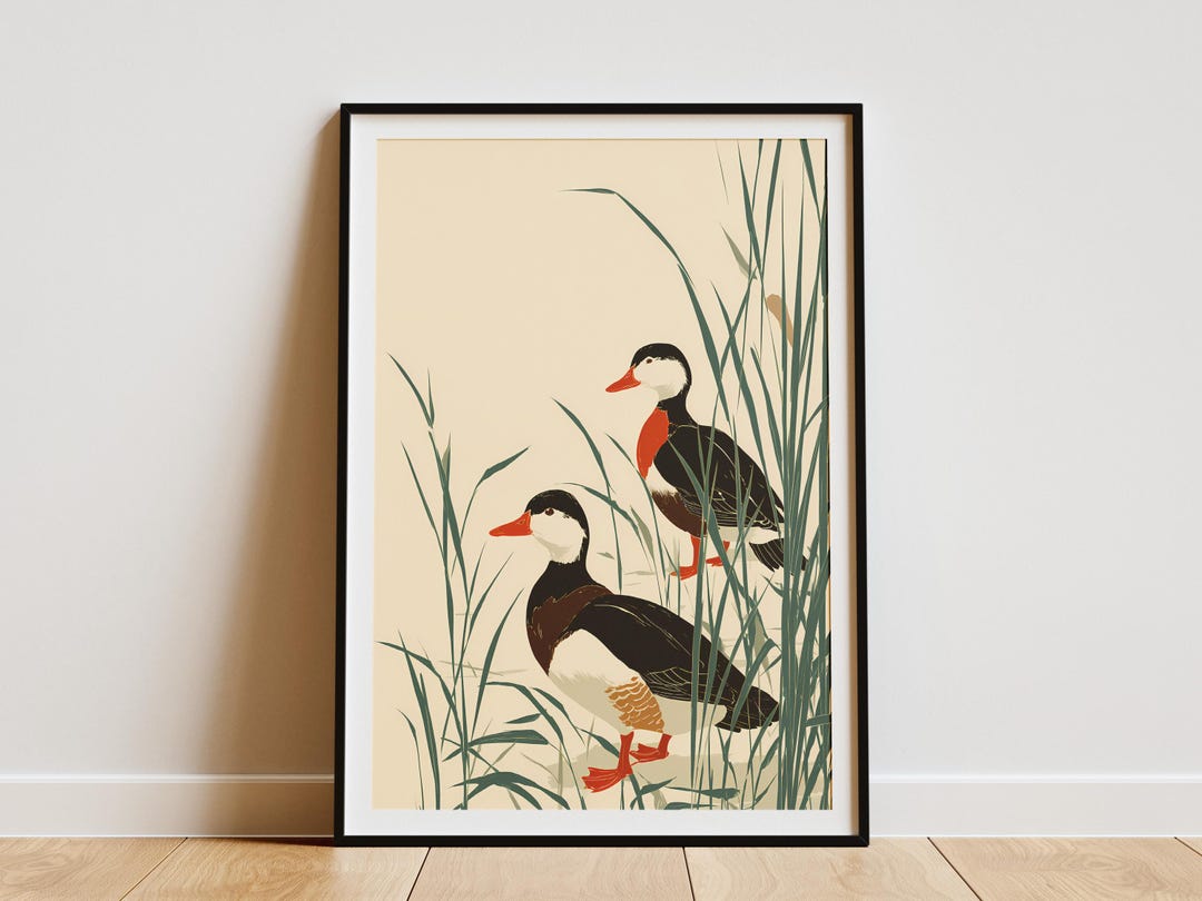 Two Elegant Wild Ducks Wading in Tall Green Marsh Reeds Peaceful ...