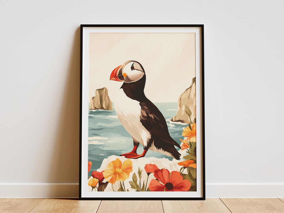 Puffin Bird Art Print Island Cliffs Poster Coastal Home Decor Wildlife ...