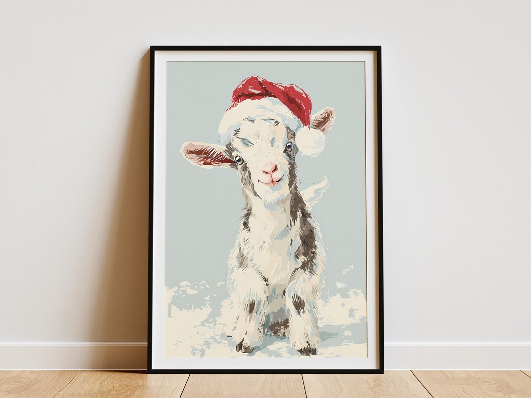 Baby Goat Santa Hat Christmas Wall Art Print Winter Holiday Animal ...