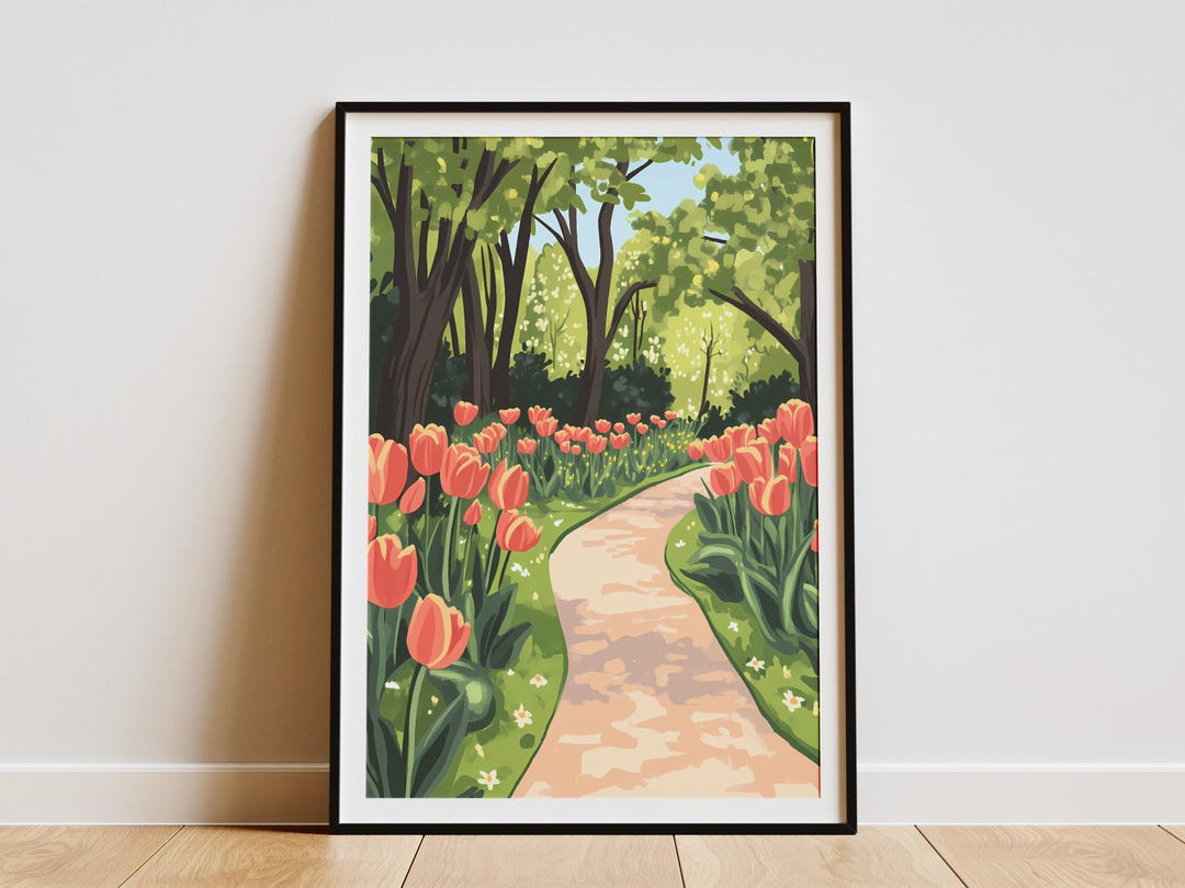 Tulip Garden Pathway Poster Spring Flowers Art Print Orange Tulip ...