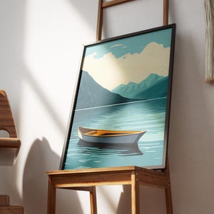 Lake Serenity Boat Poster Mountain Lake Landscape Art Print Calm Water ...