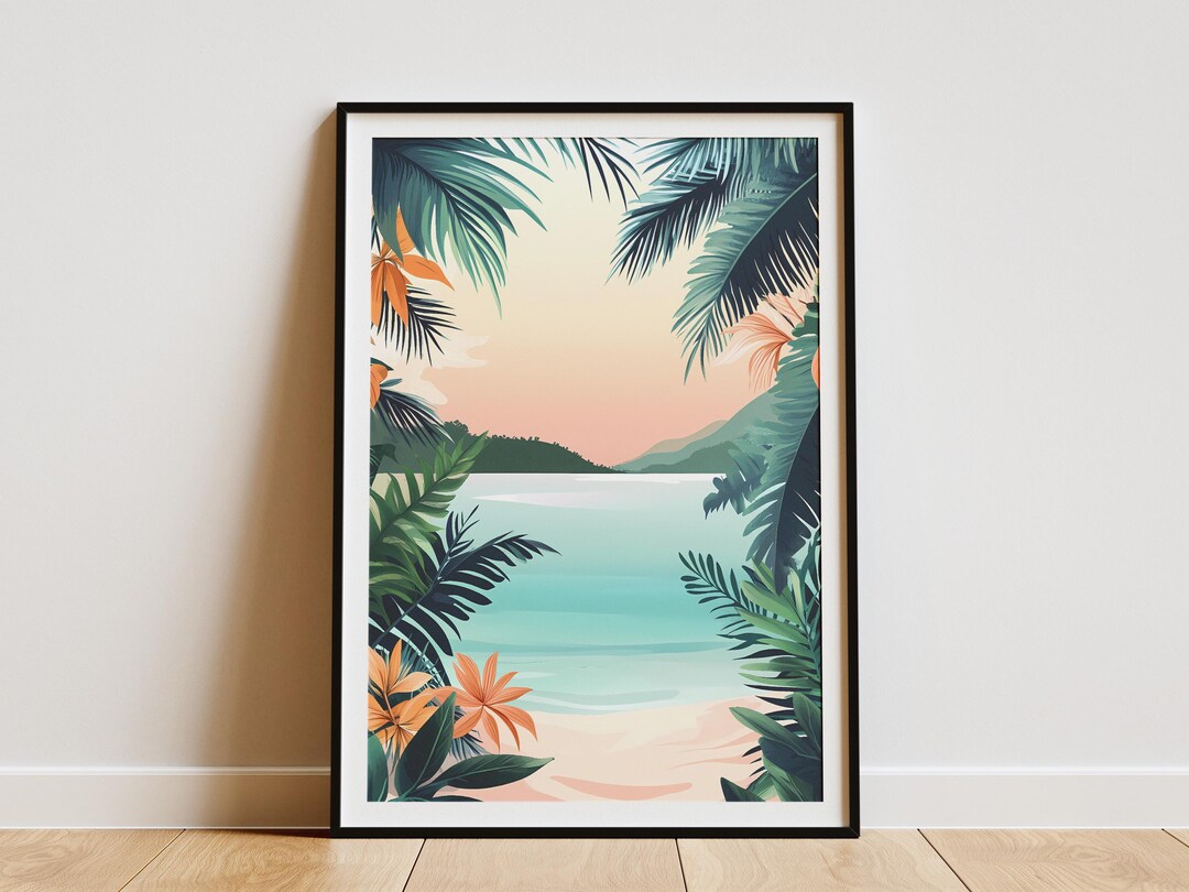 Beach Tropical Poster Palm Leaves Ocean Sunset Summer Vacation Art ...