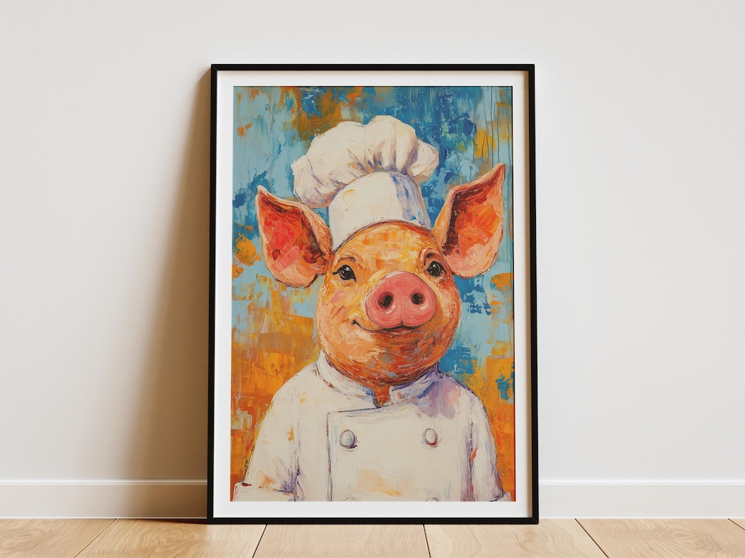 Chef Pig Art Print Whimsical Kitchen Decor Animal Portrait Funny Pig ...