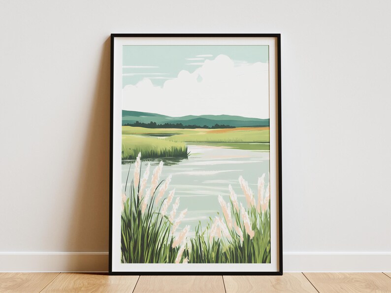 Green Meadow River Landscape Poster Calm Nature Art Print Modern ...