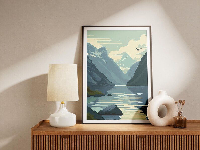 Minimalist Norway Poster Scandinavian Landscape Art Print Mountain Lake ...