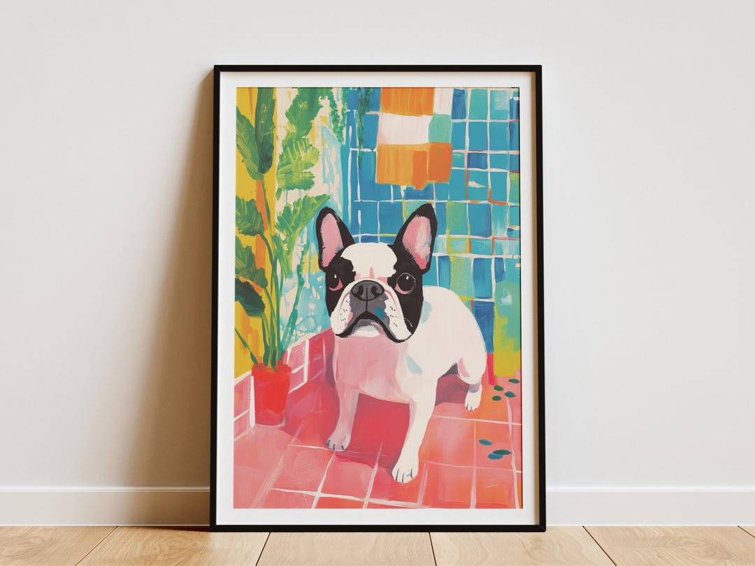 French Bulldog Shower Print Painting Dog Art Pink Bathroom Decor Pet ...