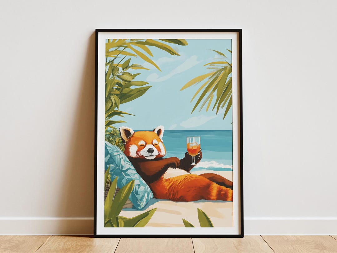 Red Panda Beach Poster Cute Animal Art Print Summer Vibes Tropical ...