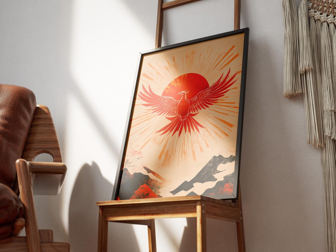 Phoenix Sunrise Poster Mythical Bird Art Print Orange Red Aesthetic ...