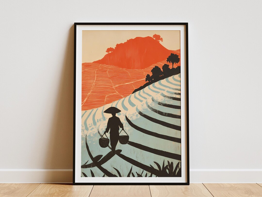 Rice Terraces Asian Farmer Poster Vintage Travel Poster Abstract ...