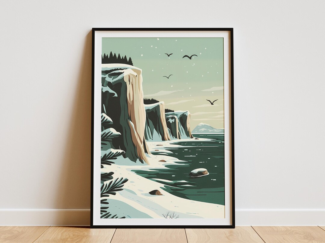 Winter Cliffside Sea Ocean Coastal Landscape Nature Art Print Snowy ...
