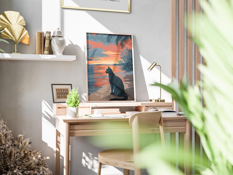 Russian Blue Cat Hawaii Beach Sunset Ocean View Coastal Art Print ...