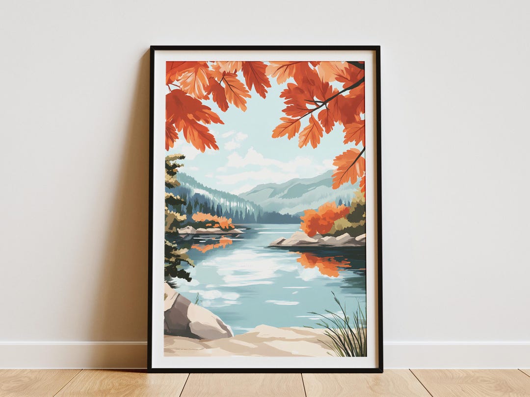 Autumn Landscape Poster Fall Leaves Print Mountain Lake Art Nature Wall ...