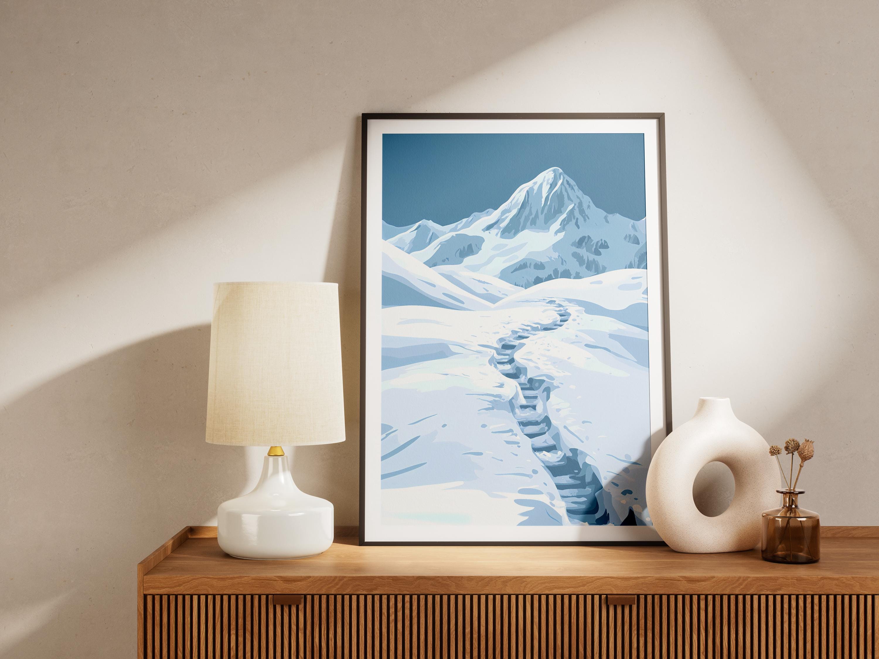 Winter Mountain Path Snowshoe Tracks Poster Minimalist Landscape Art ...