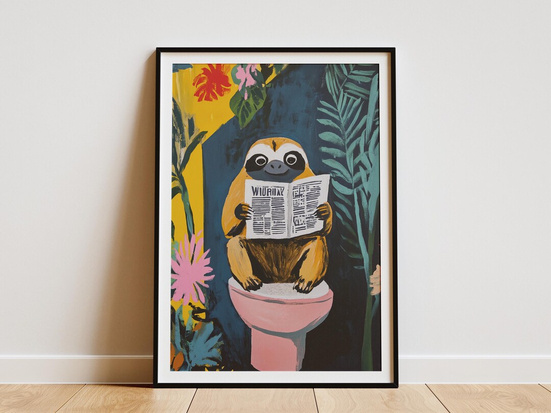Sloth on Toilet Reading Newspaper Painting Bathroom Art Print Funny ...