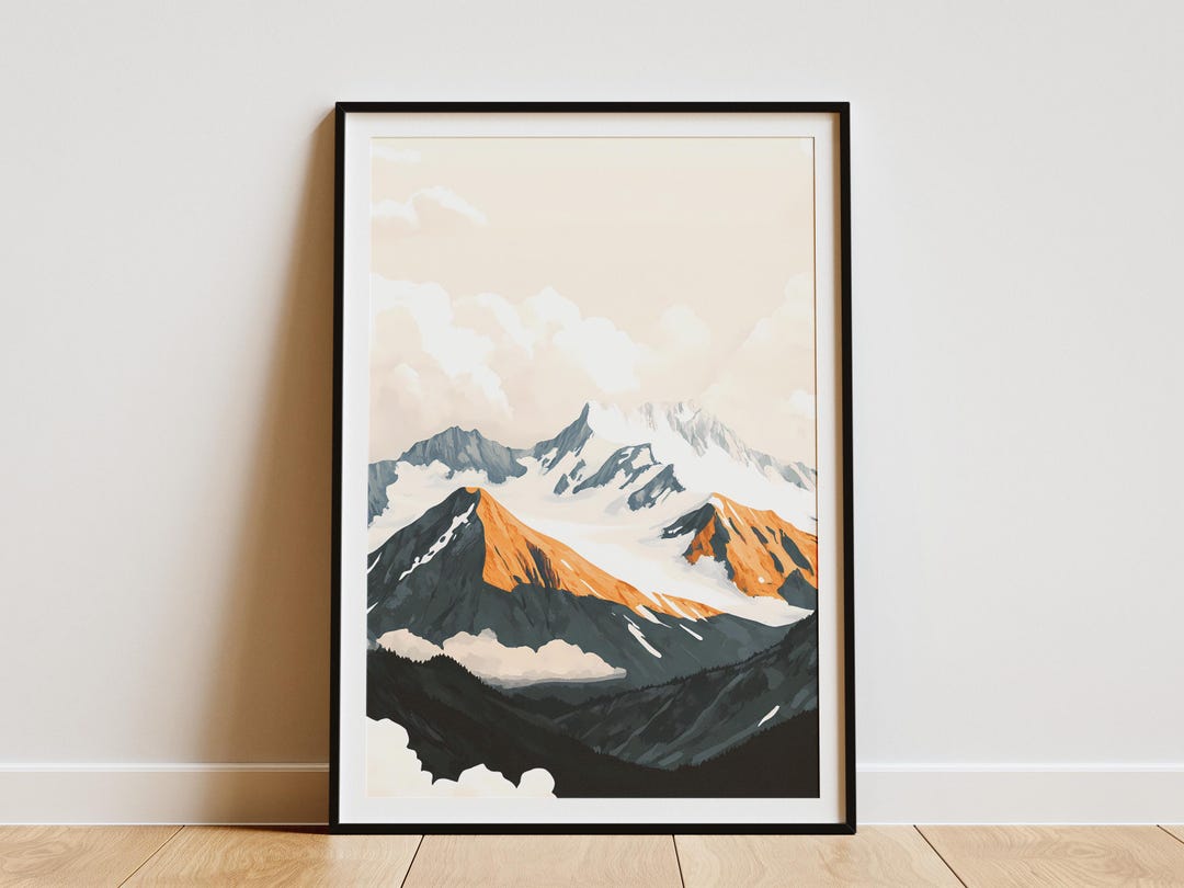 Mountain Peak Poster Snowy Peak Art Print Clouds Over Mountains ...