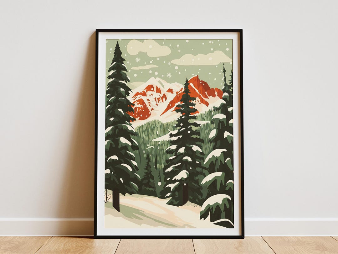 Winter Mountain Range Poster Snowy Forest Art Print Christmas Decor ...