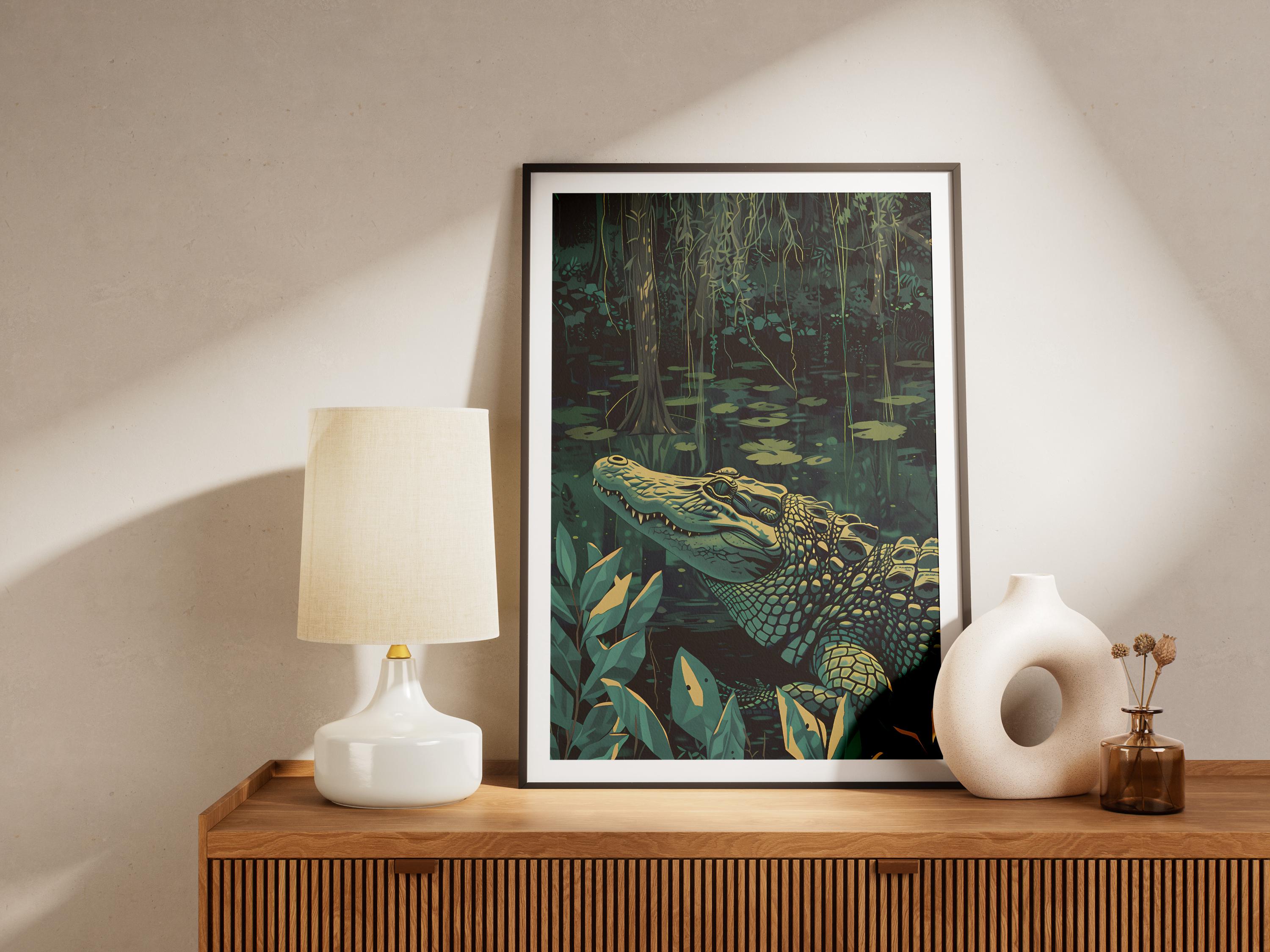 Swamp Crocodile Poster Wildlife Animal Print Nature Art Green Swamp ...