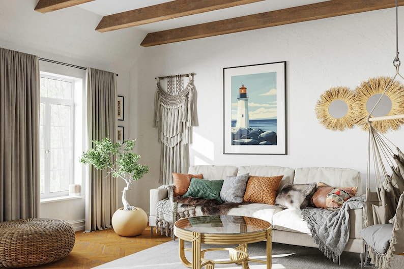 Coastal Lighthouse Art Print Orange Glow Nautical Scene Scenic Ocean ...