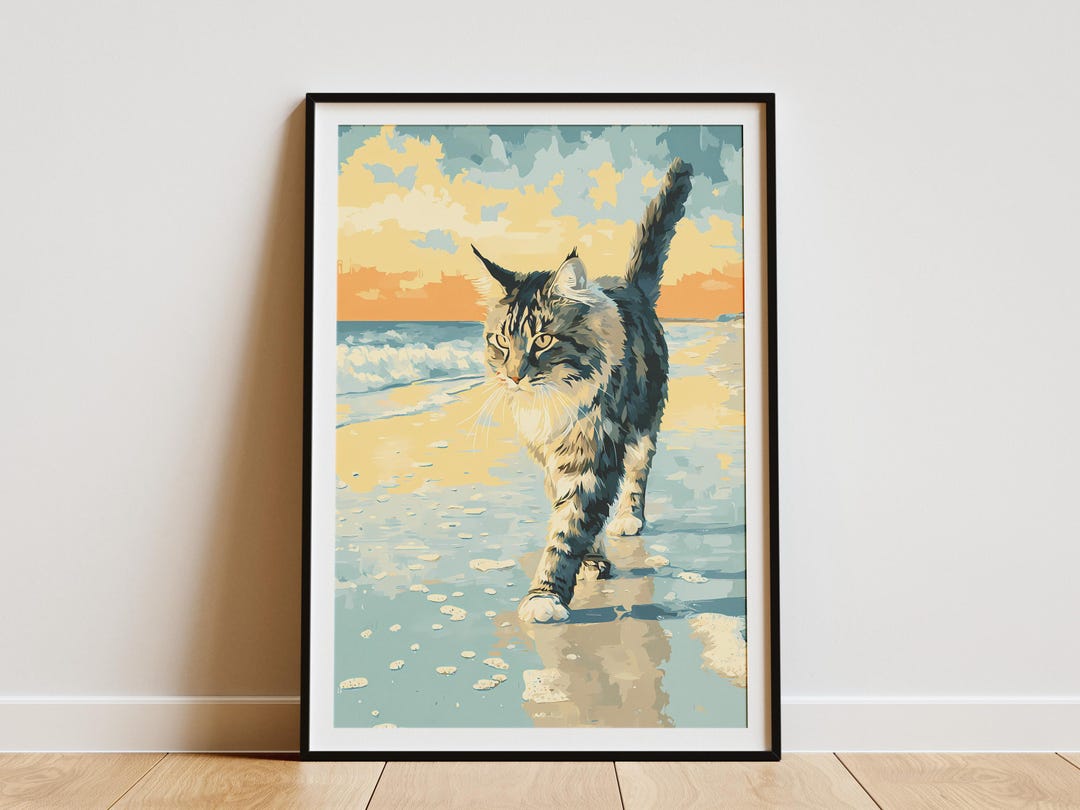 Maine Coon Cat Beach Sunset Art Print Coastal Ocean Animal Wall Decor ...