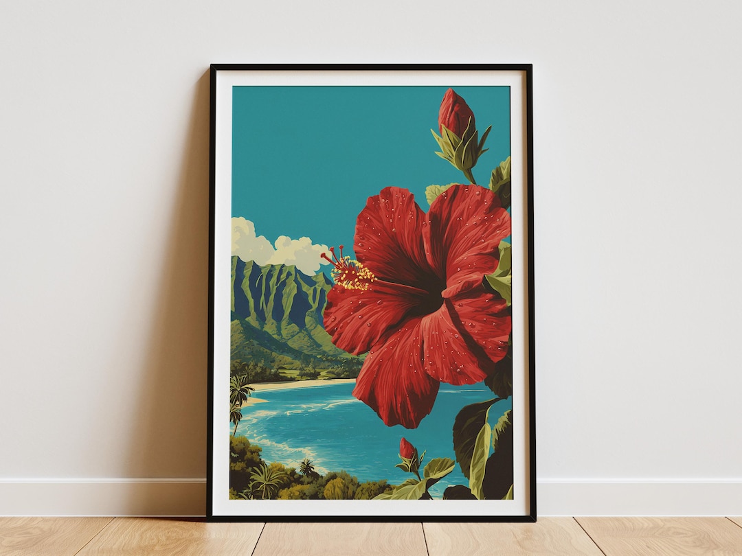 Vibrant Hawaiian Hibiscus Bloom With Morning Dew Print Tropical Island ...