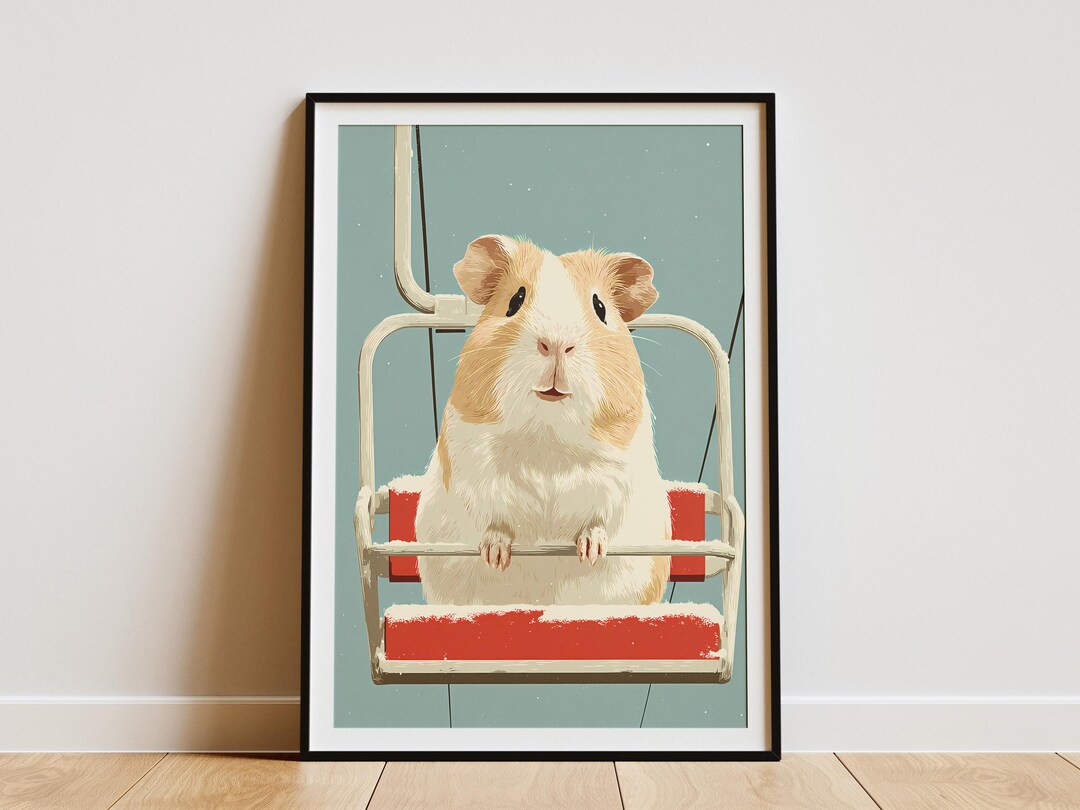Cute Guinea Pig Ski Lift Art Print Winter Animal Snow Christmas Decor ...