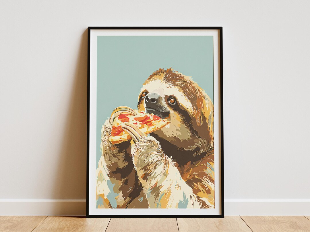Sloth Eating Pizza Art Print Funny Animal Digital Poster Unique Wall ...